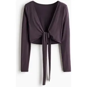 H&m Cropped Long-sleeve Yoga Top With Deep V-neck And Tie Front - Plum