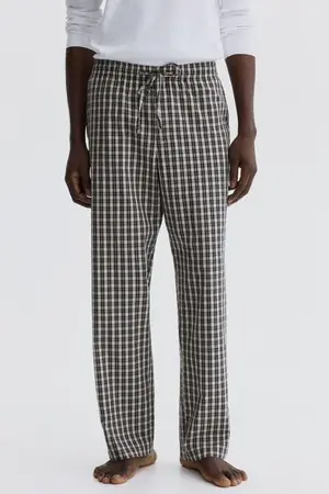 H&M Relaxed Fit Poplin Trousers With Drawstring Waist - Gray/checked