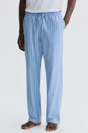 H&M Relaxed Fit Poplin Trousers With Drawstring Waist - Light Blue/striped