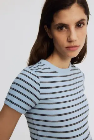 H&m Mama Ribbed Knit Top With Round Neck - Light Blue/striped