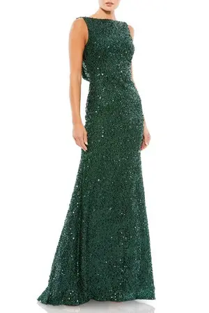 Mac Duggal Petite Sequin Sleeveless Draped Back Evening Gown - Emerald