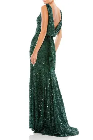 Mac Duggal Petite Sequin Sleeveless Draped Back Evening Gown - Emerald