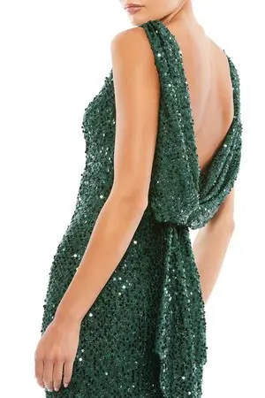 Mac Duggal Petite Sequin Sleeveless Draped Back Evening Gown - Emerald