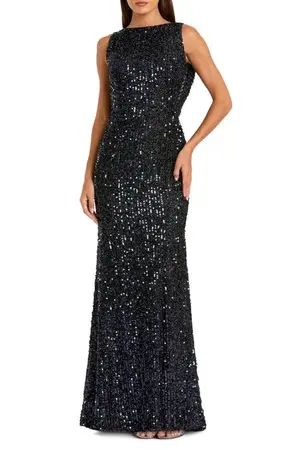 Mac Duggal Petite Sequin Sleeveless Draped Back Evening Gown - Midnight