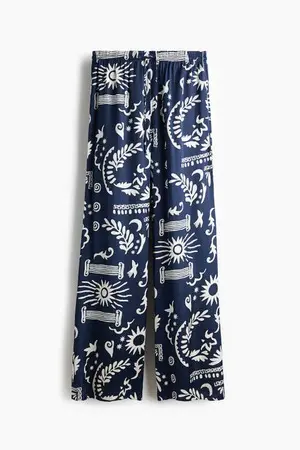 H&m Satin Wide-leg Trousers - Navy Blue/patterned
