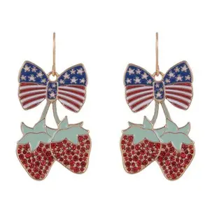 HALLMARK Strawberry And American Flag Bow Dangle Earrings