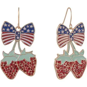 HALLMARK Strawberry And American Flag Bow Dangle Earrings - Red