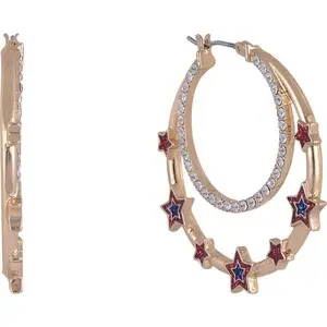 HALLMARK Gold Tone Double Hoop Earrings With Crystal And Enamel Star Accents - Red