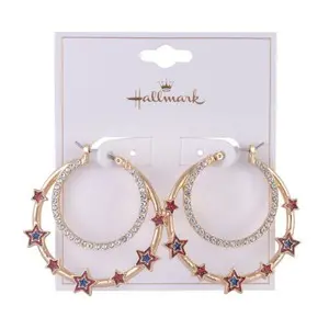 HALLMARK Gold Tone Double Hoop Earrings With Crystal And Enamel Star Accents