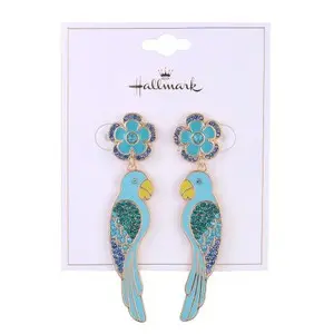 HALLMARK Enamel Parrot Dangle Earrings With Stone Accents - Blue