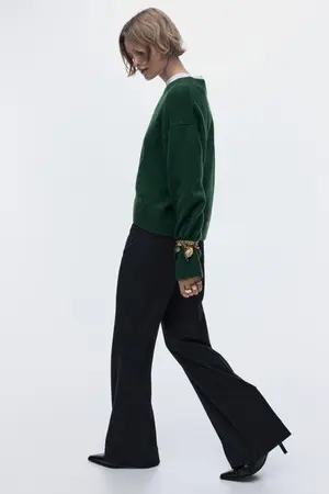 H&m Flared Twill Trousers With High Waist - Navy Blue