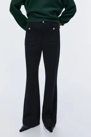 H&m Flared Twill Trousers With High Waist - Navy Blue