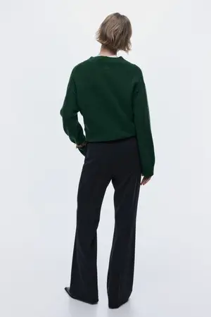 H&m Flared Twill Trousers With High Waist - Navy Blue