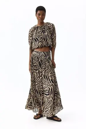 H&m Chiffon Maxi Skirt - Beige/zebra Print