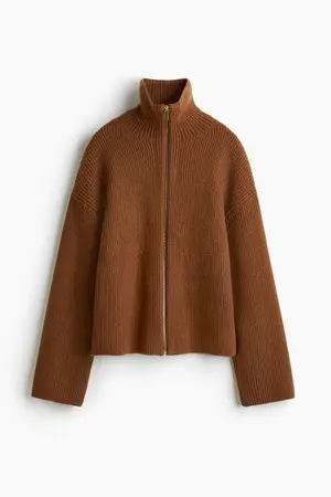 H&m Ribbed Zip-through Cardigan With Stand Collar
