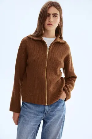 H&m Ribbed Zip-through Cardigan With Stand Collar