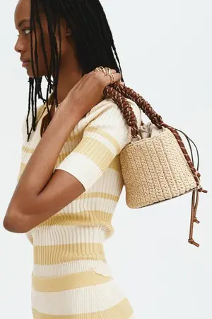 H&m Braided Straw Tote Bag With Knotted Rope Handles