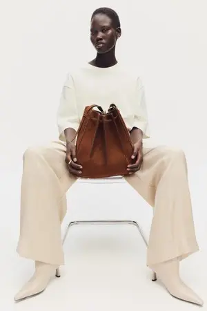 H&m Pleated Shoulder Bag With Drawstring And Metal Clasp