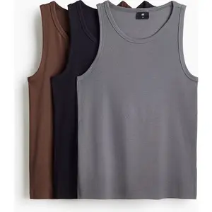 H&m 3-pack Ribbed Cotton Blend Vest Tops - Brown/gray