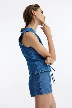 H&m Tie-front Denim Waistcoat - Denim Blue