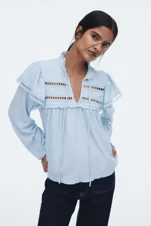 H&m Textured Jersey Blouse With Frill Collar And Lace Insets