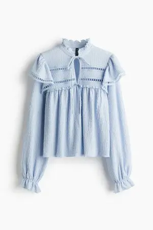 H&m Textured Jersey Blouse With Frill Collar And Lace Insets