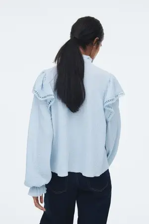 H&m Textured Jersey Blouse With Frill Collar And Lace Insets