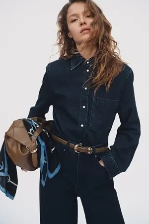 H&m Denim Shirt With Pearly Press-studs And Shoulder Pads