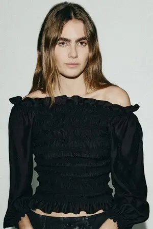 H&M Smocked Off-the-shoulder Blouse With Voluminous Sleeves - Black