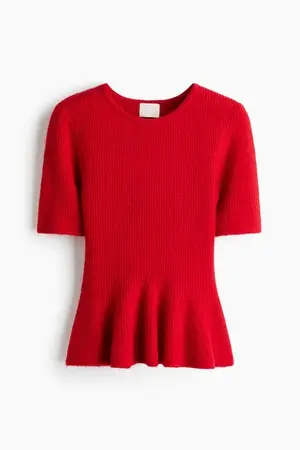 H&m Rib-knit Peplum Top With Round Neckline And Short Sleeves