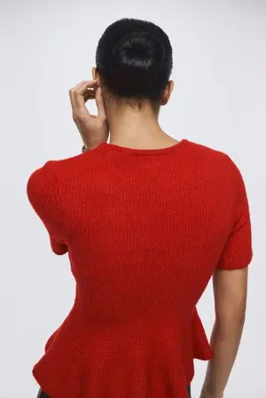 H&m Rib-knit Peplum Top With Round Neckline And Short Sleeves