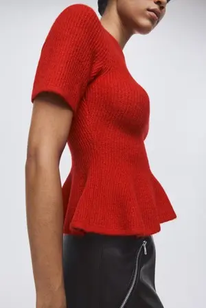 H&m Rib-knit Peplum Top With Round Neckline And Short Sleeves