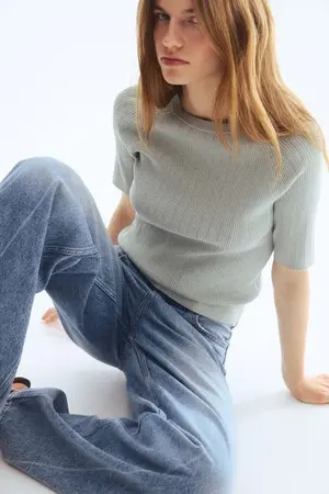 H&m Rib-knit T-shirt With Pointelle Details