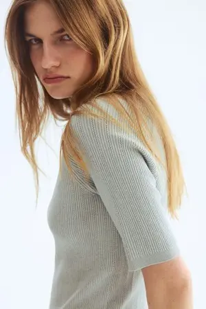 H&m Rib-knit T-shirt With Pointelle Details