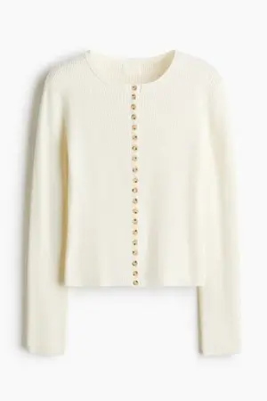 H&m Ribbed Knit Cropped Cardigan With Scalloped Button Detail - Cream
