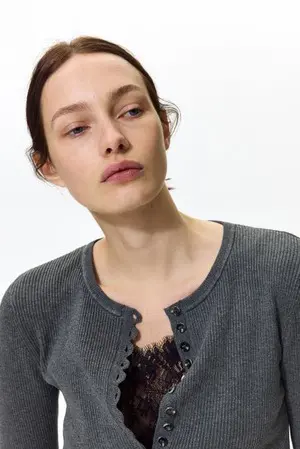 H&m Ribbed Cardigan With Scalloped Button Placket