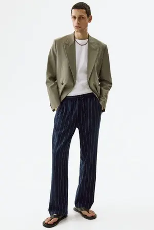 H&m Relaxed Fit Linen-blend Trousers - Navy Blue/striped