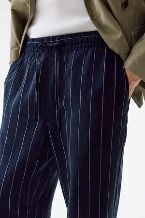 H&m Relaxed Fit Linen-blend Trousers - Navy Blue/striped