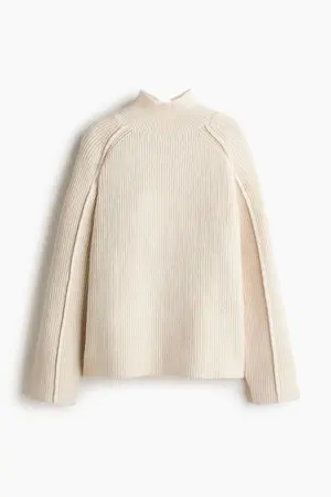 H&m Rib-knit Turtleneck Jumper With Back Slit - Light Beige