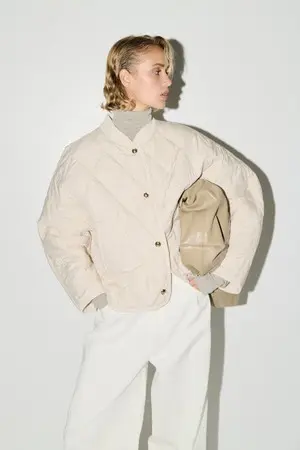 H&m Quilted Jacket With Ribbed Collar And Welt Pockets - Light Beige
