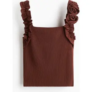 H&m Rose-appliquéd Rib-knit Cropped Top With Frill Straps