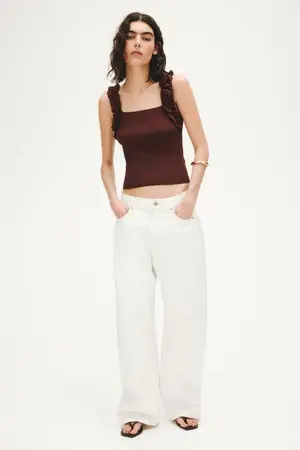 H&m Rose-appliquéd Rib-knit Cropped Top With Frill Straps