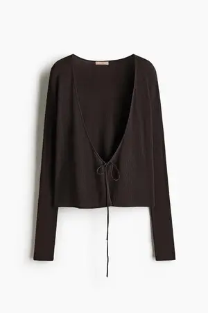 H&m Rib-knit Wrap Cardigan With V-neckline And Waist Ties