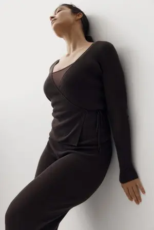 H&m Rib-knit Wrap Cardigan With V-neckline And Waist Ties