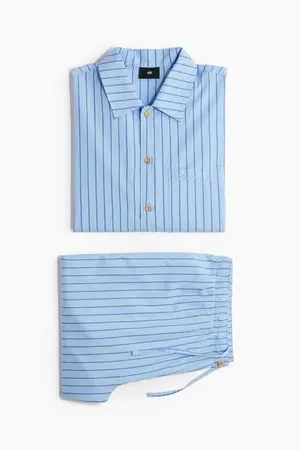 H&m Poplin Pyjama Shirt And Bottoms - Light Blue/striped
