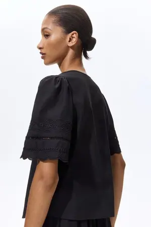 H&m Puff-sleeved Embroidered Blouse