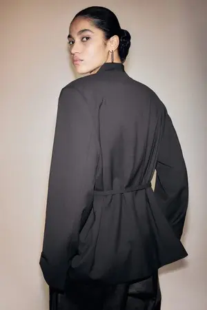 H&M Belted Blazer With Stand Collar