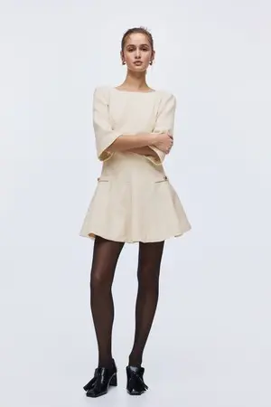 H&m Bouclé Mini Dress With V-neck Back - Light Beige