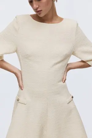 H&m Bouclé Mini Dress With V-neck Back - Light Beige
