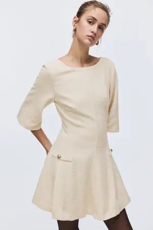 H&m Bouclé Mini Dress With V-neck Back - Light Beige